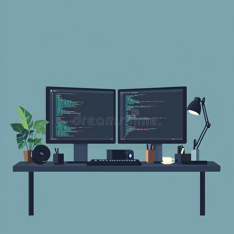 Flat Design of a Programmer S Workspace with Dual Monitors Stock Illustration - Illustration of ...