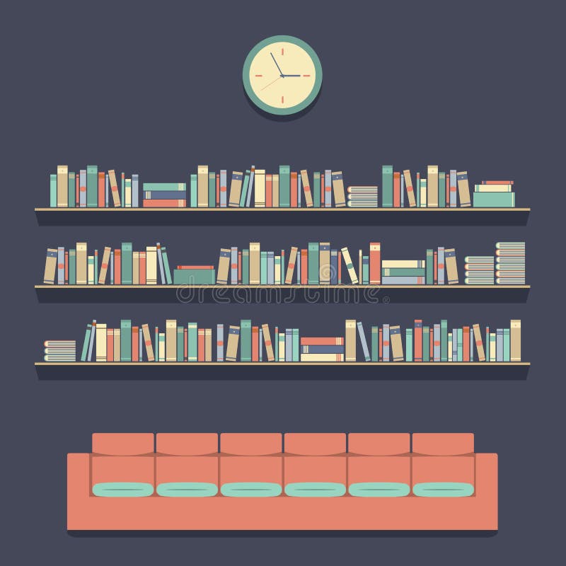 Flat Design Reading Seats and Bookshelves Stock Vector - Illustration ...
