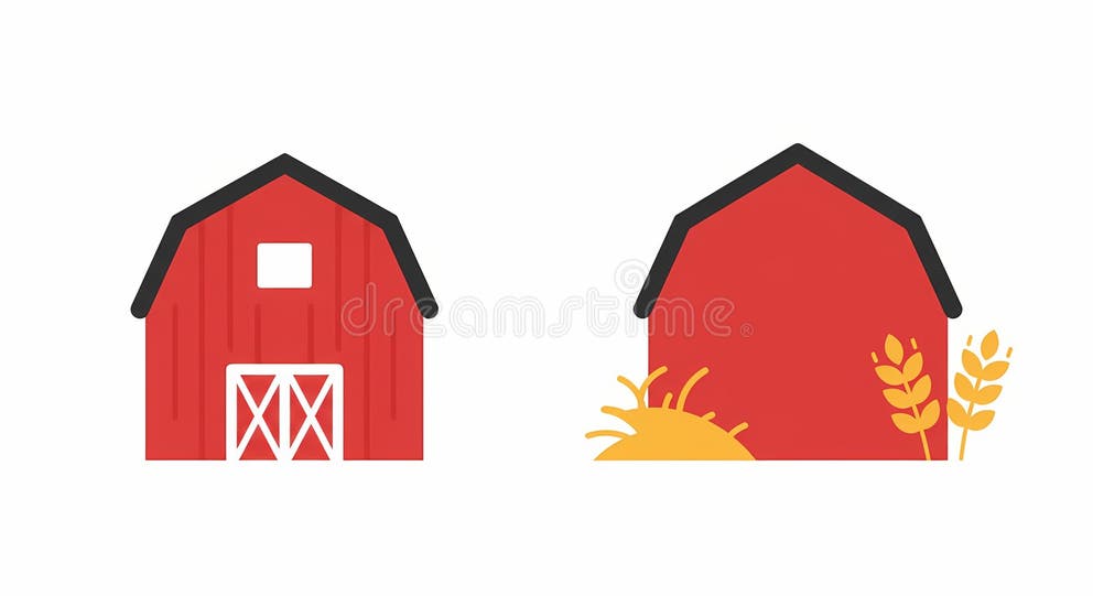 Flat Design Red Barns with Farm and Harvest Elements Stock Illustration - Illustration of ...