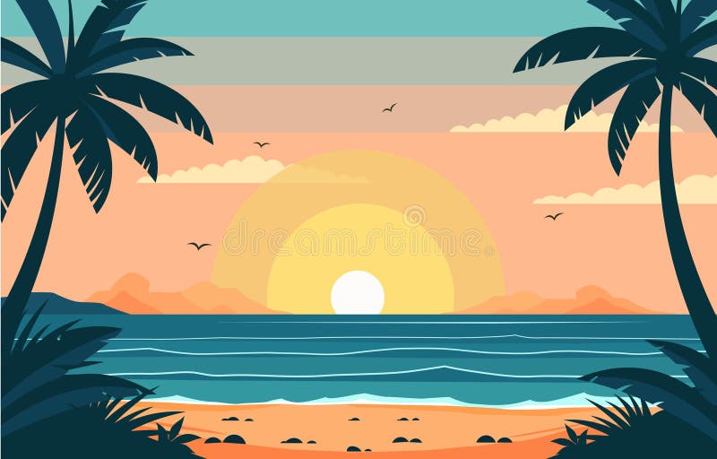 Flat Design of Sea Ocean Landscape at Sunset with Water Waves Stock ...