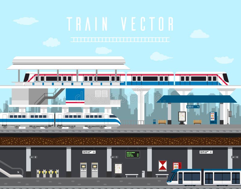 Flat Design Set of Train, Sky Train, Subway Vector. Stock Vector ...