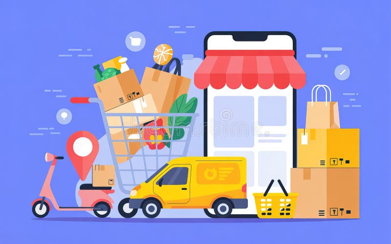 Flat Design Shopping Cart, Scooter, Van and Mobile Storefront on Blue ...