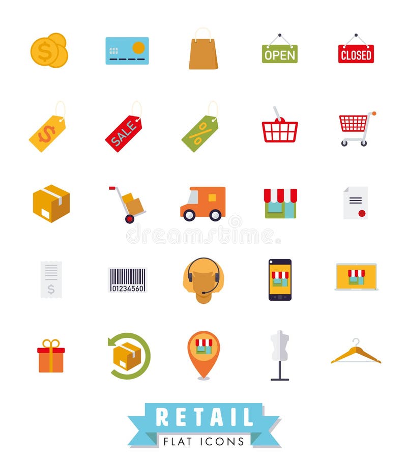 Flat Design Shopping and Retail Icon Set Stock Vector - Illustration of ...