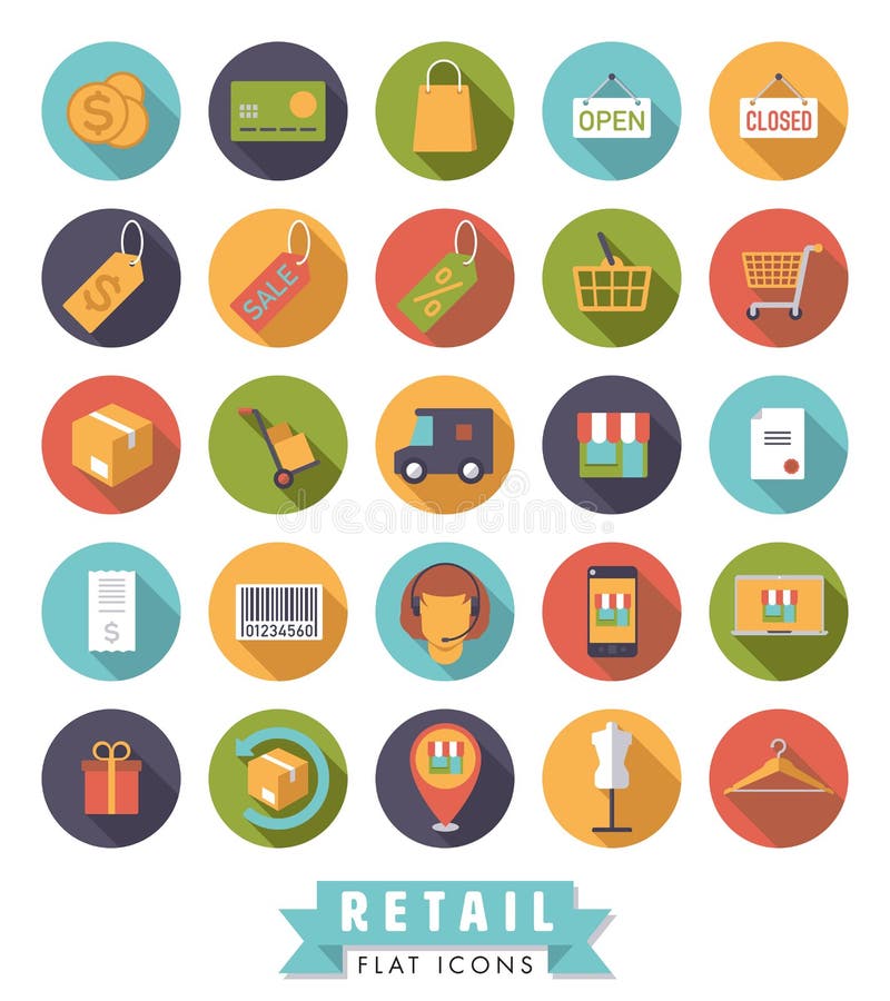 Flat Design Shopping and Retail Round Icon Set Stock Vector ...