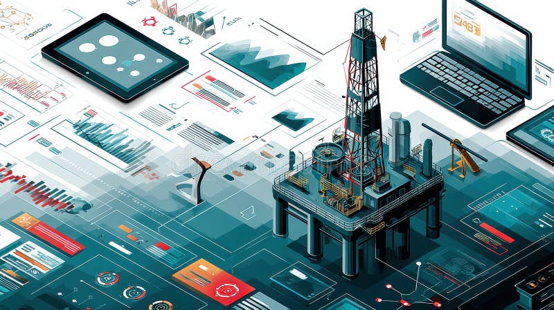 Flat Design of an Oil Rig with Surrounding Digital UI Elements ...