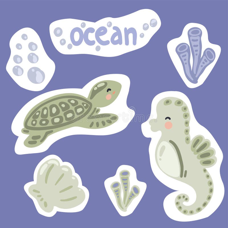 Flat Design Stickers Ocean Animals Turtle Seahorse and Corals Stock ...