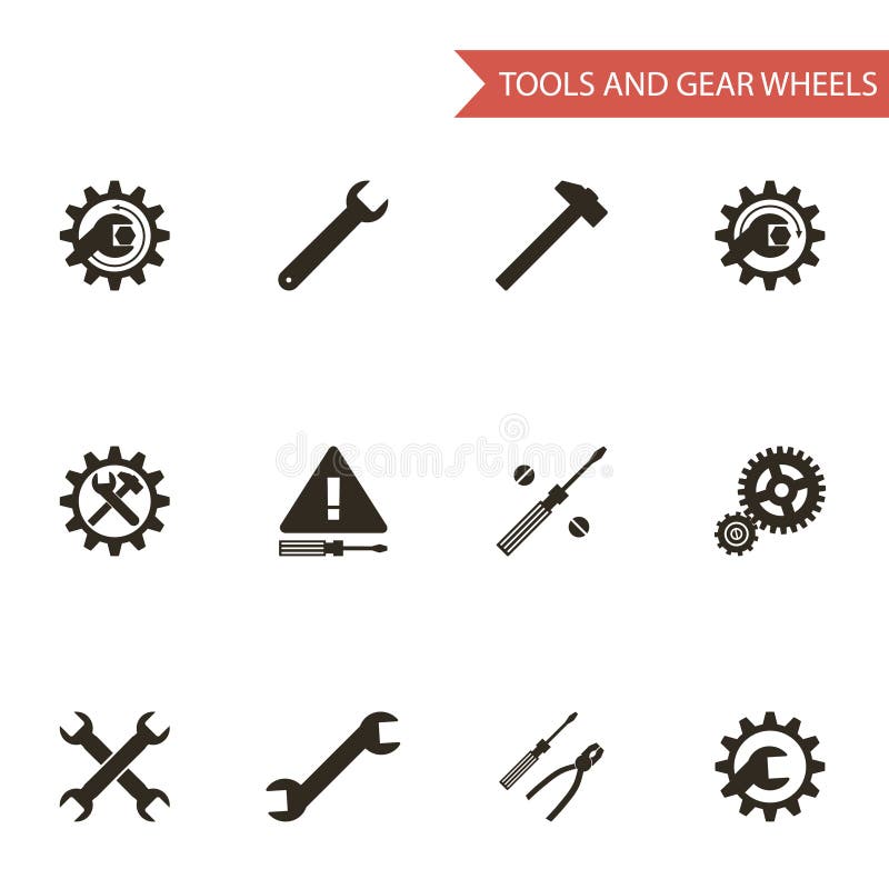 Flat Design Style Black Tools Gear Wheels Icons Stock Vector ...