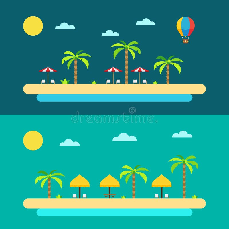 Flat Design of Summer Paradise Beach Stock Vector - Illustration of ...