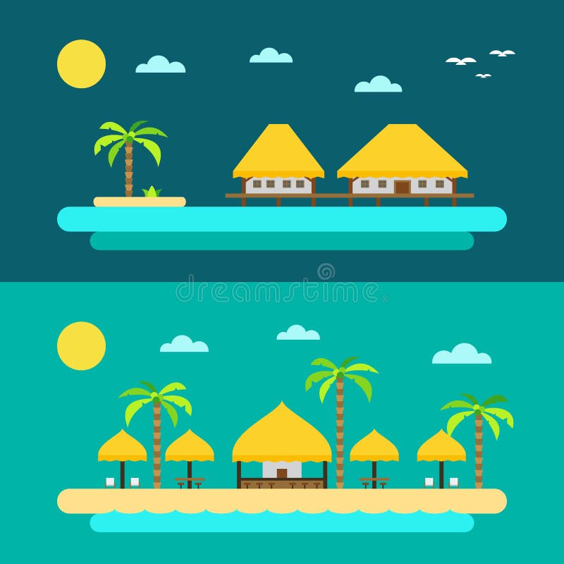 Flat Design of Summer Paradise Beach Stock Vector - Illustration of ...