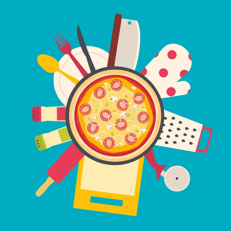 Flat Design Theme of Cooking Pizza. Stock Vector - Illustration of ...