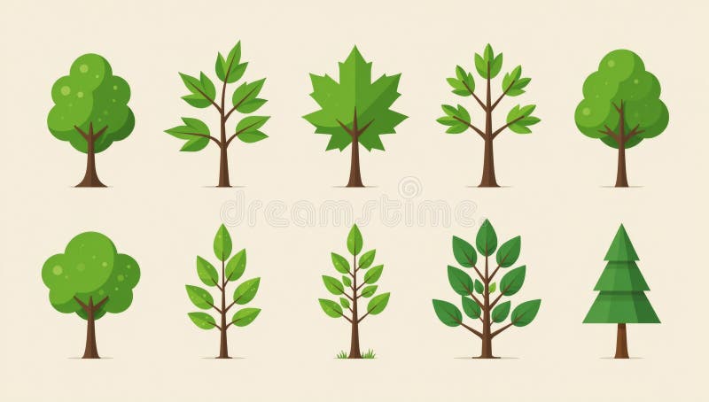 A Flat Design Tree Icon Set Featuring Popular Tree Species in a Vector ...
