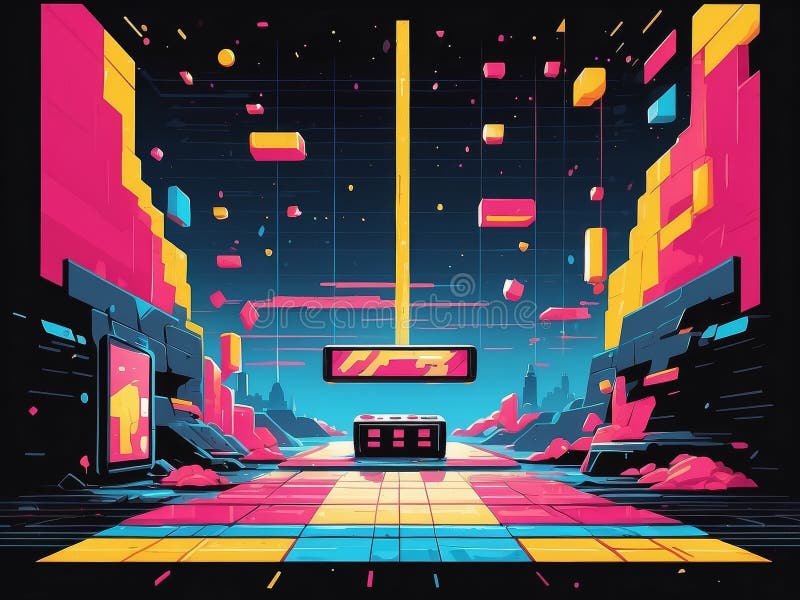 Flat Design Vector of Abstract Retro Arcade Game Screen in Pixel Style ...