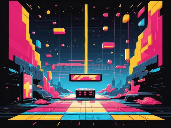 Flat Design Vector of Abstract Retro Arcade Game Screen in Pixel Style ...