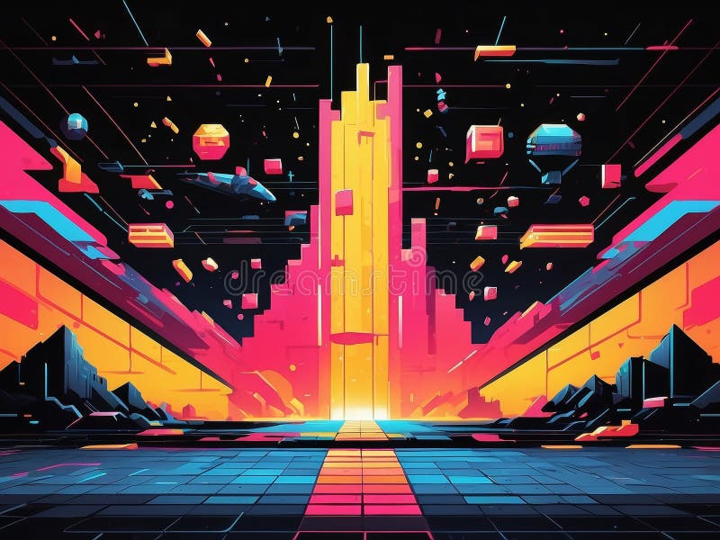 Flat Design Vector of Abstract Retro Arcade Game Screen in Pixel Style ...