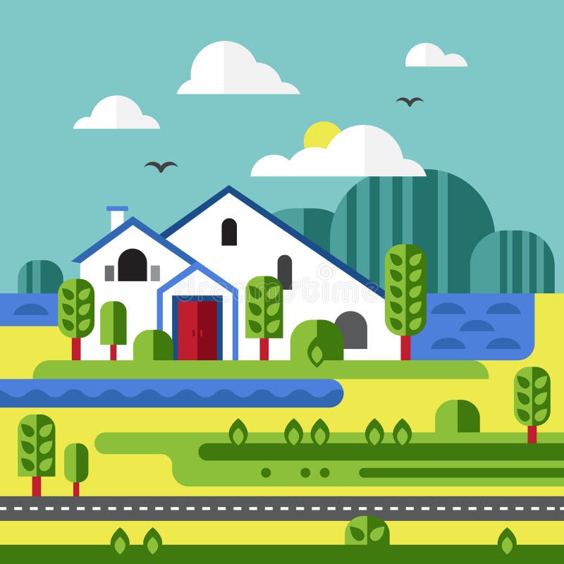 Flat Design Vector of Farm Landscape Stock Vector - Illustration of ...