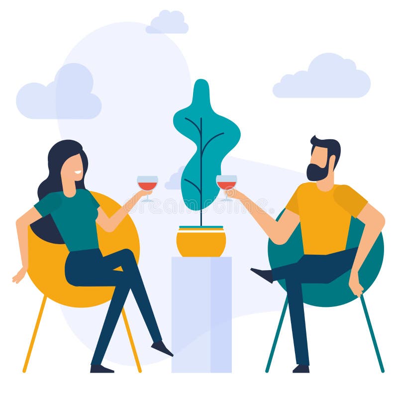 A Romantic Date in a Restaurant. Cartoon Couple, Man and Woman Having ...