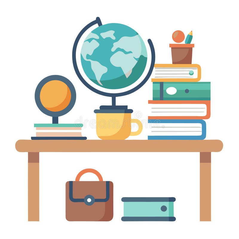 Study Table with Books, Globe, and Coffee, Back To School Stock Vector ...