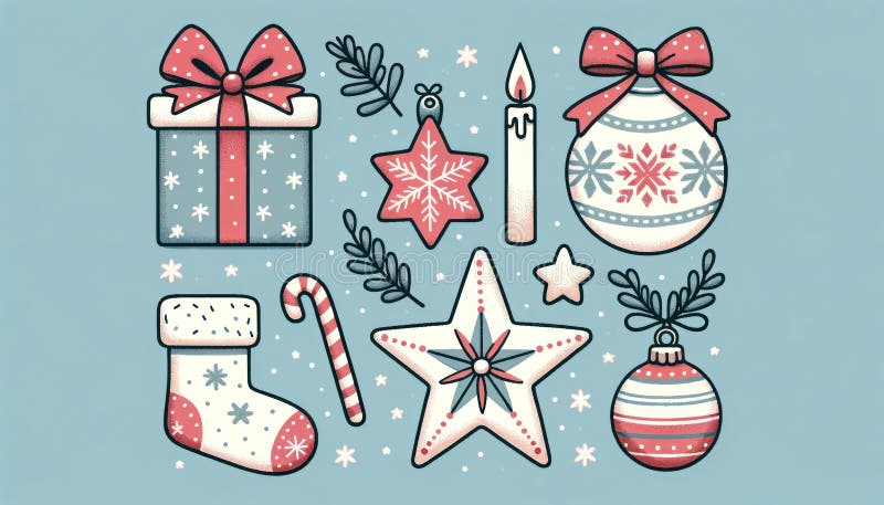 Flat Design Vector Illustration of Various Christmas Objects Including ...