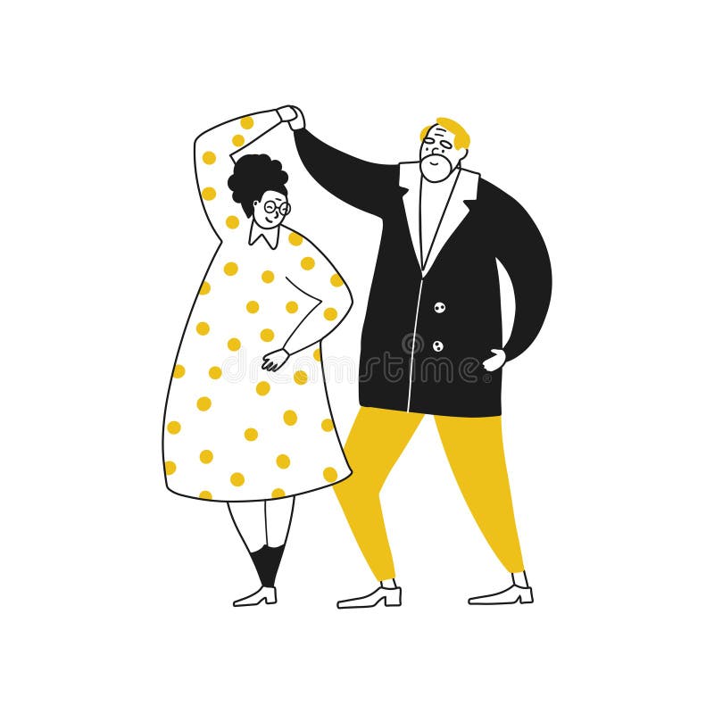 Flat Doodle Cute Character of Senior Couple Lovers Dancing. Hand Drawn ...