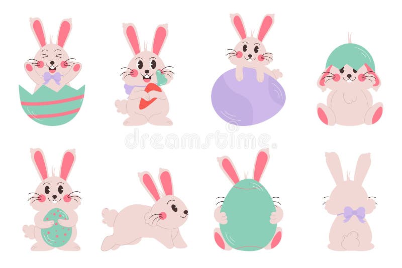 Flat Easter Characters Bunny Collection. Rabbit with Egg and Carrot Stock Vector - Illustration ...
