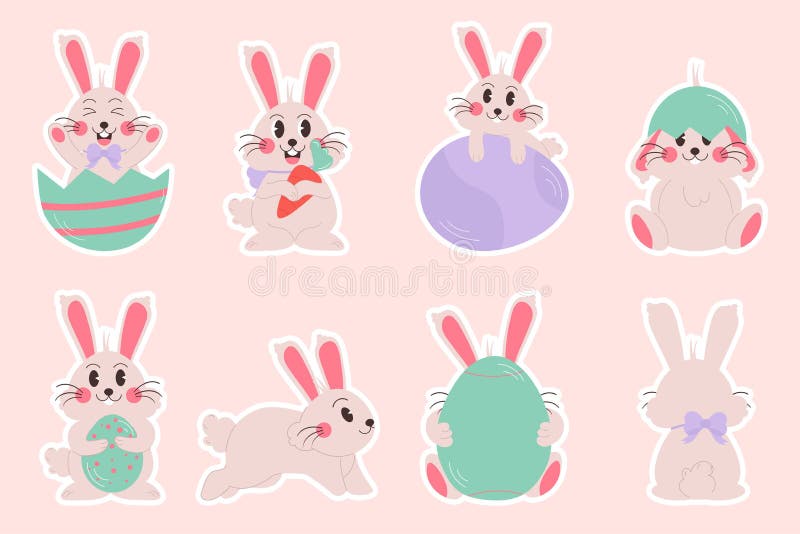 Flat Easter Characters Bunny Collection Stickers. Rabbit with Egg and ...