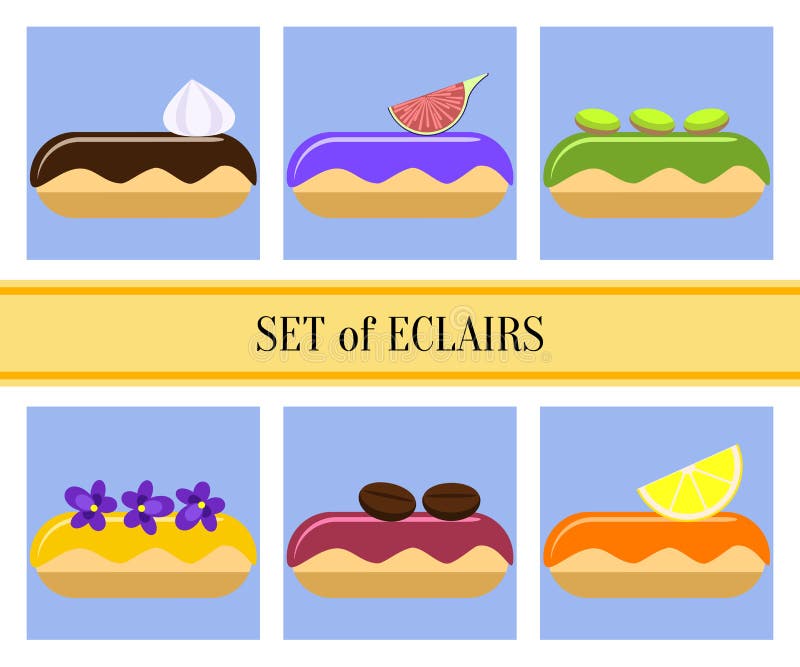 Flat eclairs set stock vector. Illustration of cake, glazed - 83857127
