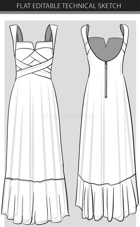 Flat Editable Technical Sketch of a Sleeveless Midi Dress with Ruffle ...