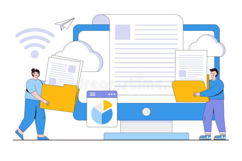 Flat Electronic Document with People Characters Concept. Outline Design ...