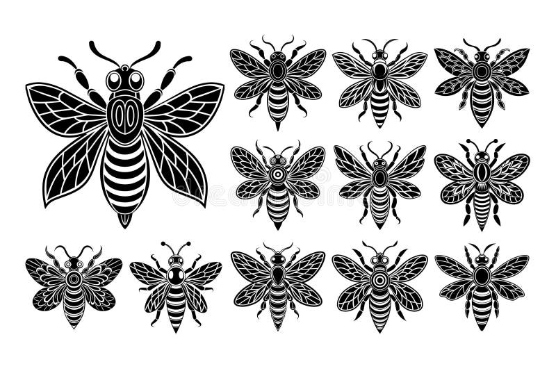 Flat Engraving Honey Bee Illustration Design Set Stock Vector ...