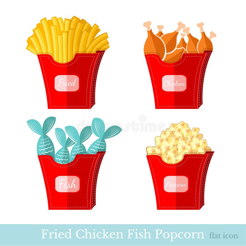 Flat Fast Food Fried Potato Chicken Fish Popcorn with Pack Stock Vector ...