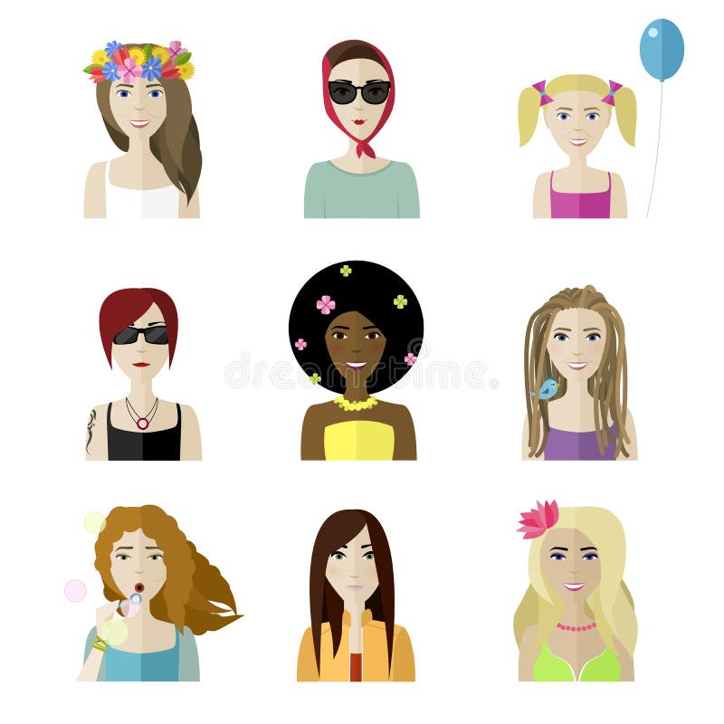 Flat female faces set stock vector. Illustration of bubble - 70827667