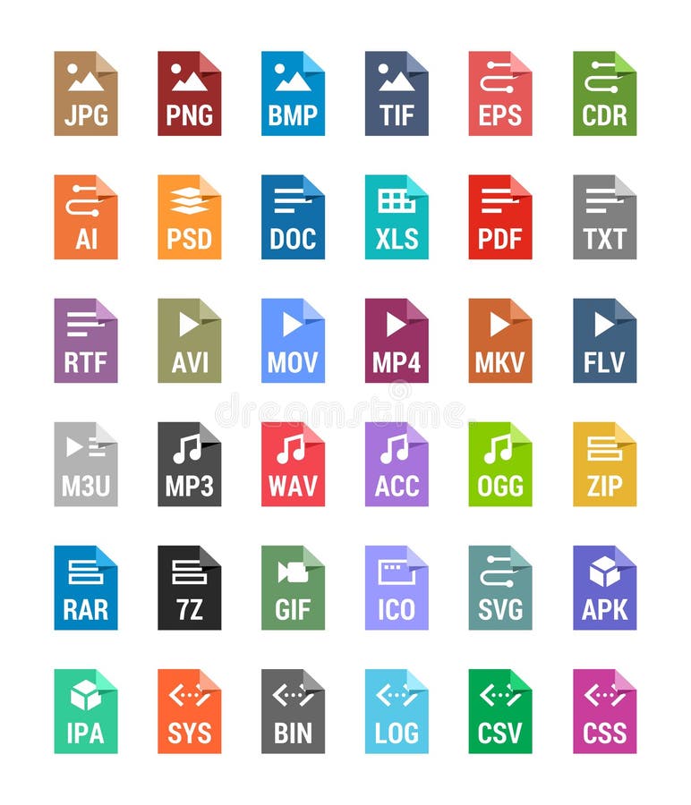 Flat File Types Icons. Archive, Vector, Audio, Image, System, Document ... Flat File Types Icons. Archive, Vector, Audio, Image, System, Document ...