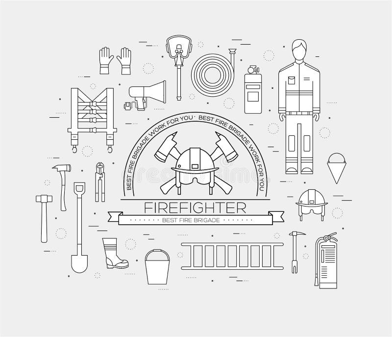 Flat Firefighter Uniform and First Help Equipment Set and Instruments ...