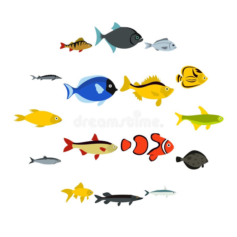 Fish icons set, flat style stock vector. Illustration of aquatic ...