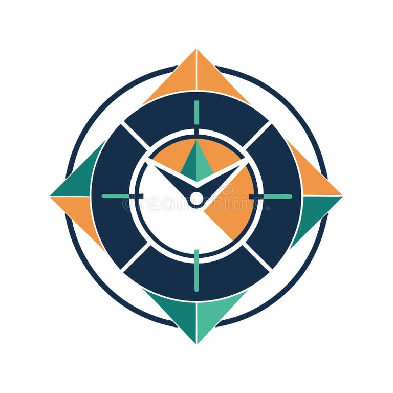 Compass Rose Icon with Clock Hands in Teal, Orange and Dark Blue Hues ...