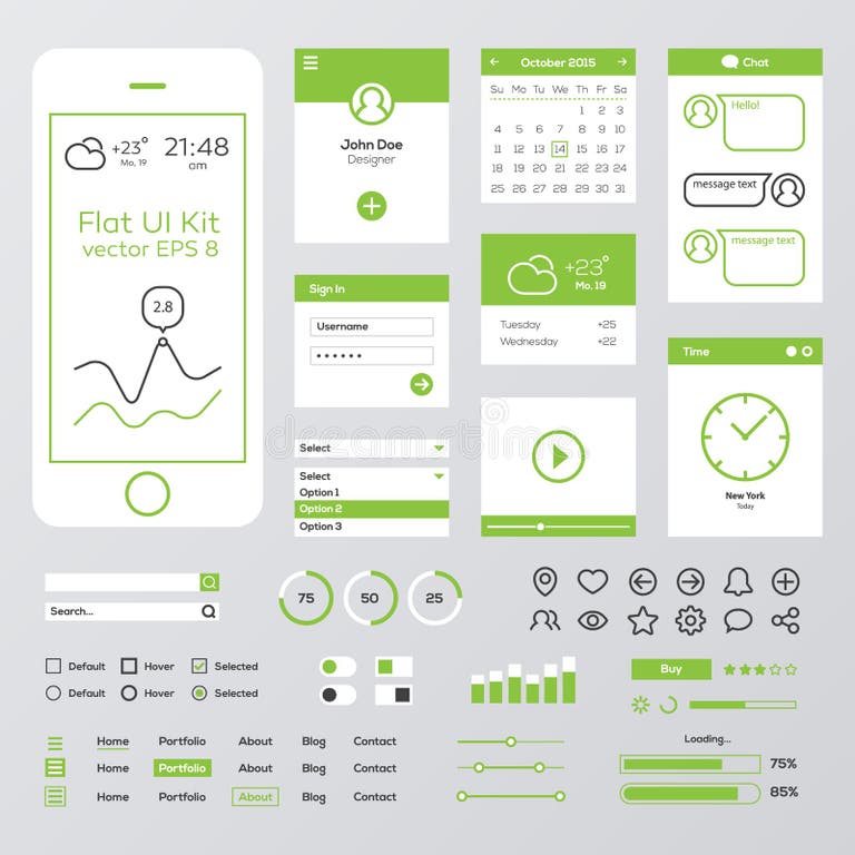 Flat Green Mobile Web UI Kit Stock Illustration - Illustration of ...
