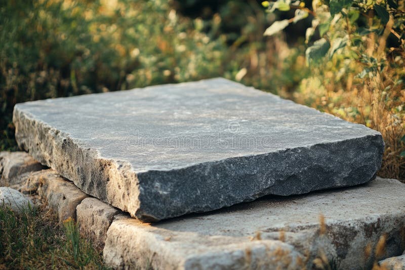 Flat Grey Rectangular Stone Slab Sitting on Top of Other Stones in a ...