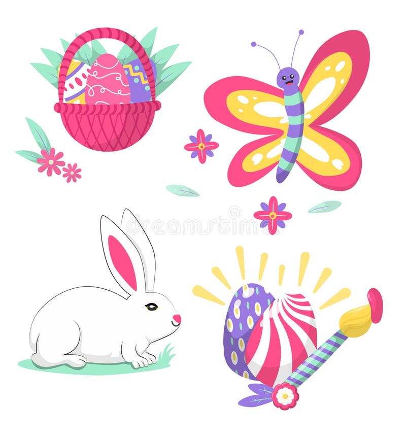Flat Hand Drawn Colorful Easter Holiday Celebration Elements Collection ...