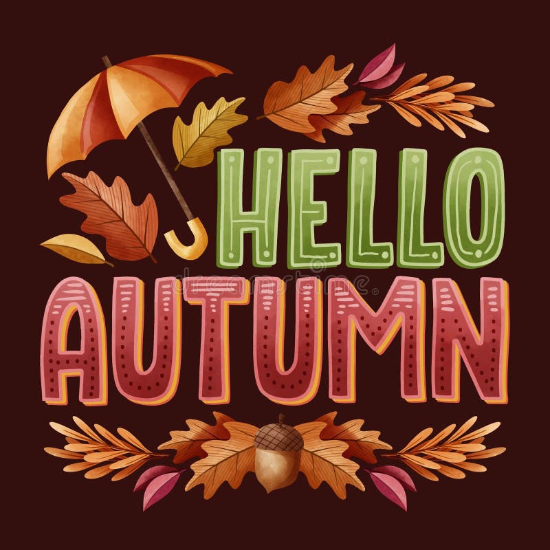 Flat Hello Autumn Message with Seasonal Elements Vector Design Stock ...