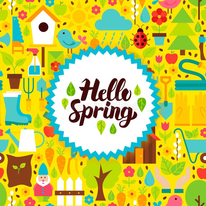 Flat Hello Spring Postcard stock vector. Illustration of plant - 90268414