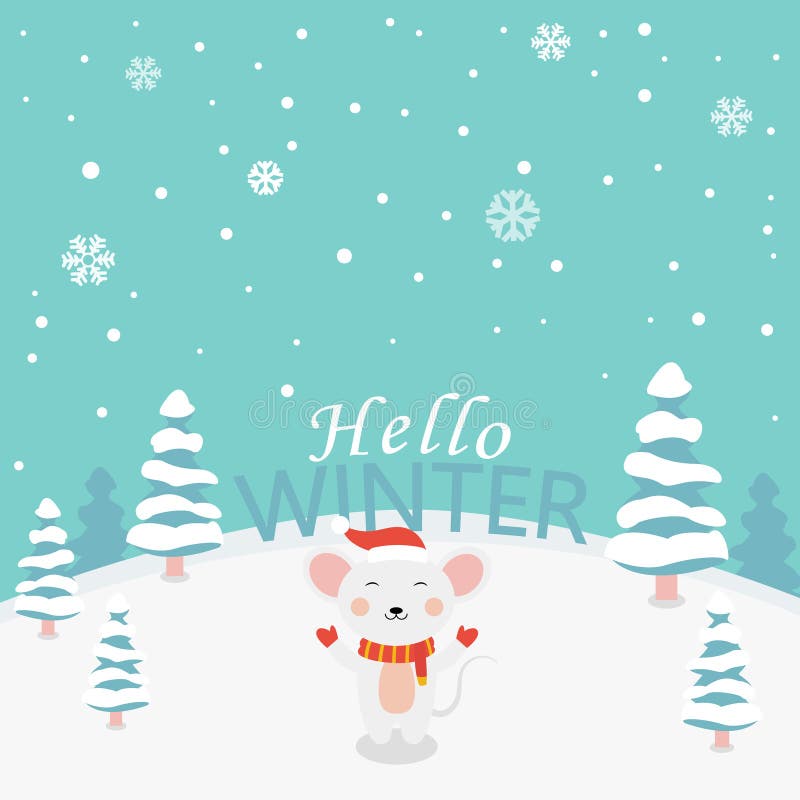 Flat Hello Winter Snowy Illustration Design with Tree and Mouse. Stock ...