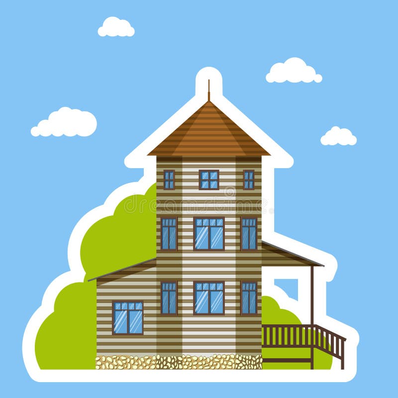 Flat House Sticker Style on Blue Background. on White. Stock Vector ...