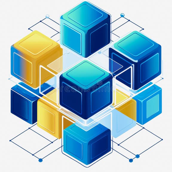 Flat Icon Blockchain Cube Design Featuring Blue and Yellow Cubes on a ...