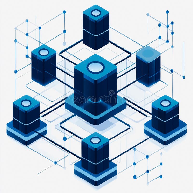 Flat Icon Blockchain Integration Design with Blue White Background and ...