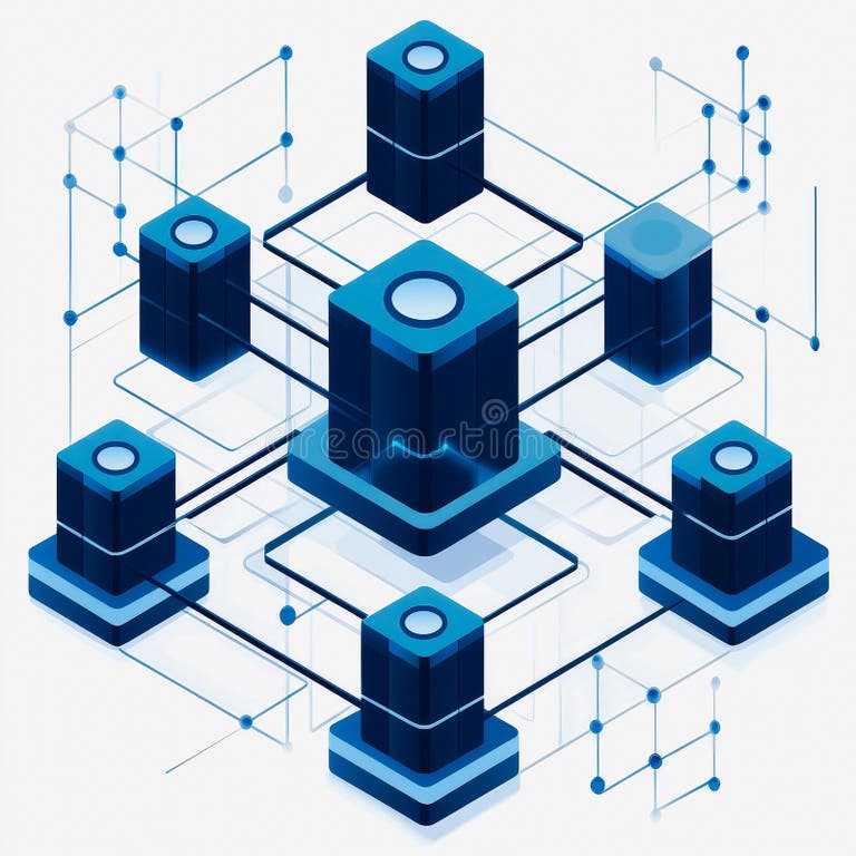 Flat Icon Blockchain Integration Design with Blue White Background and ...