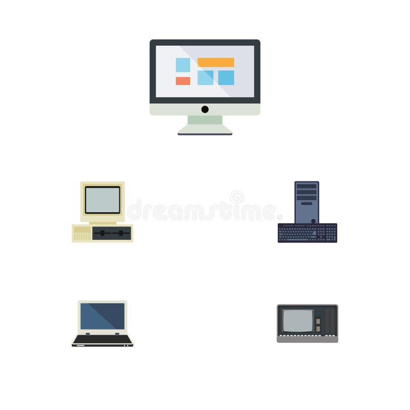 Flat Icon Computer Set of Vintage Hardware, Processor, Notebook and Other Vector Objects. Also ...