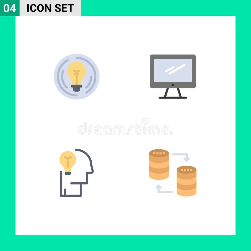 4 Universal Flat Icon Signs Symbols of Bulb, Pc, Creative, Monitor ...