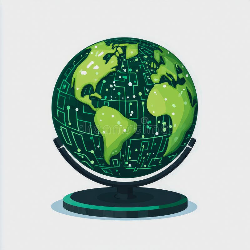 Flat Icon Cyber World Green Globe with Map Technology Digital Global ...