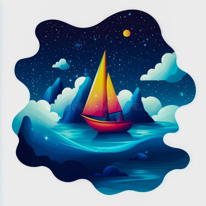 Flat Icon Digital Imagination Boat Floating Ocean Bright Moon ...