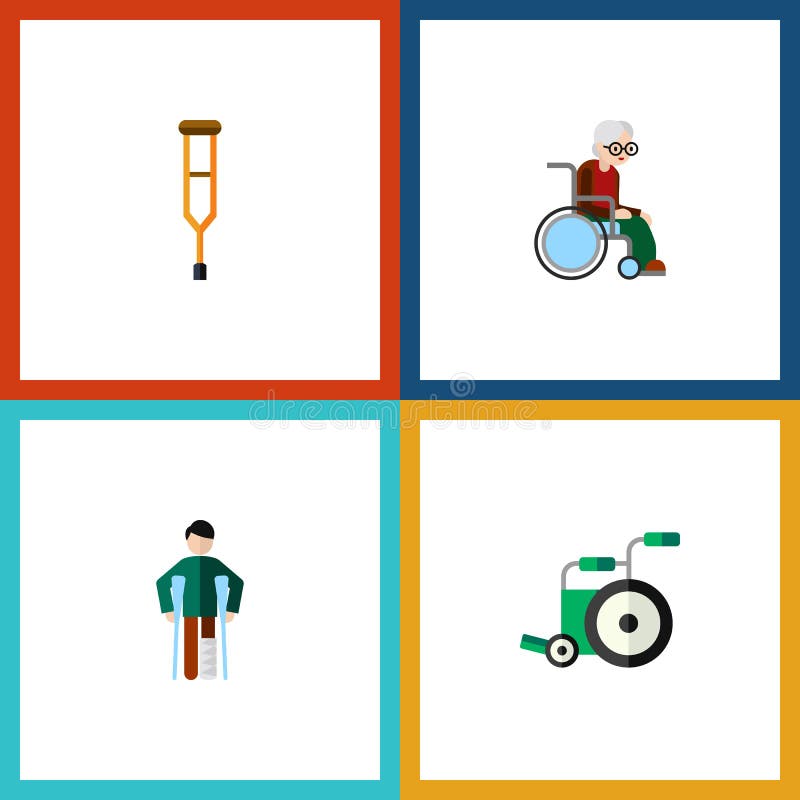 Flat Icon Disabled Set of Stand, Wheelchair, Injured Vector Objects ...